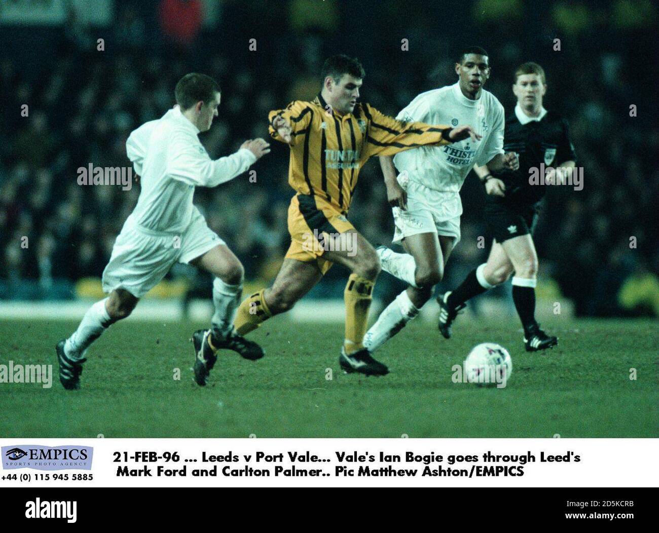 21-FEB-96 ... Leeds United v Port Vale. Vale's Ian Bogie goes between ...