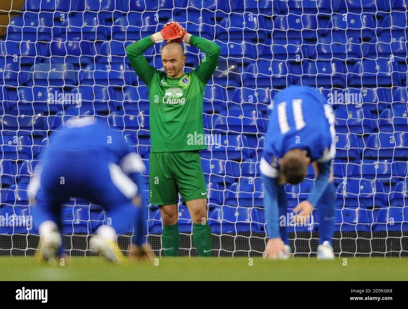 Everton U21's goalkeeper Jan Mucha (centre) shows dejection at ...
