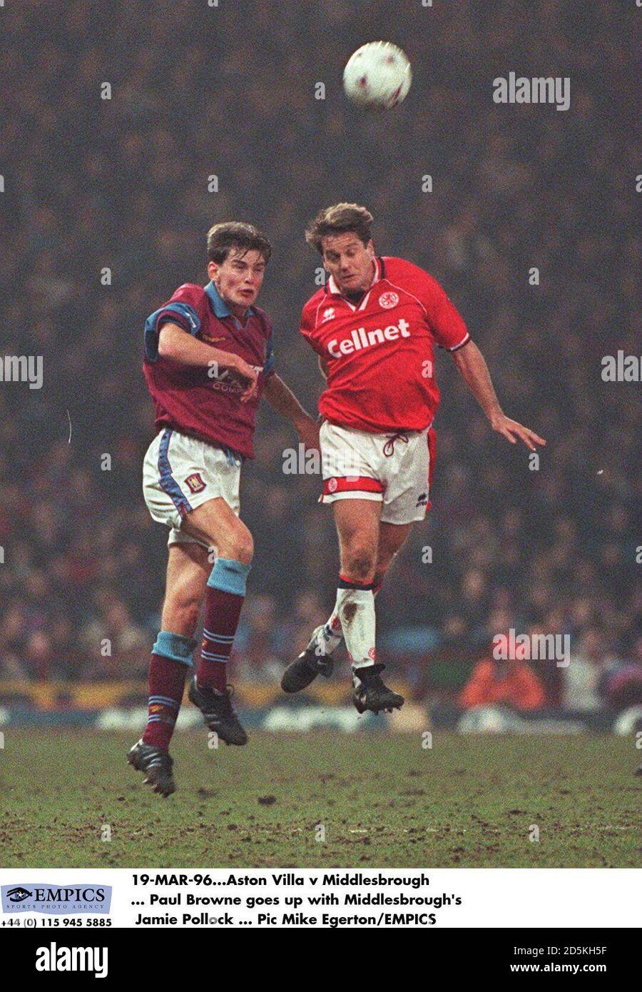 19-MAR-96. Aston Villa v Middlesbrough ... Villa's Paul Browne goes up ...