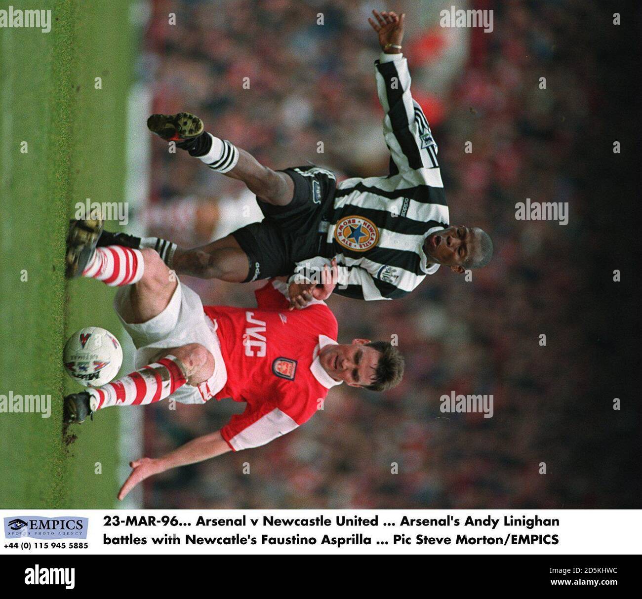 Arsenal's Andy Linighan battles with Newcatle's Faustino Asprilla Stock ...