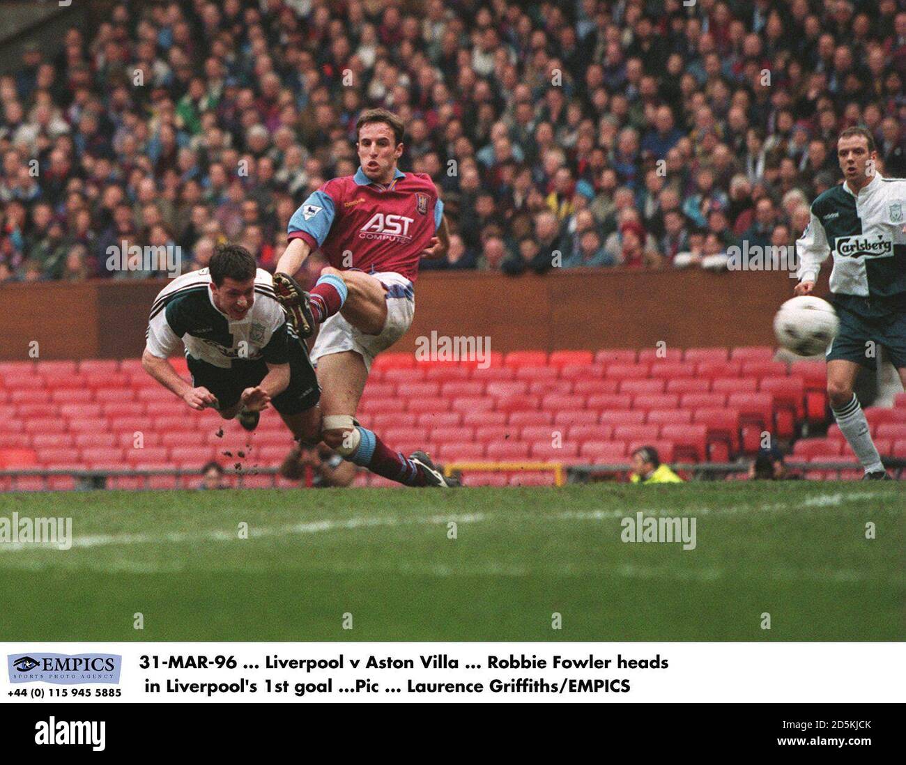 Robbie Fowler heads in Liverpool's 1st goal against Aston Villa Stock ...