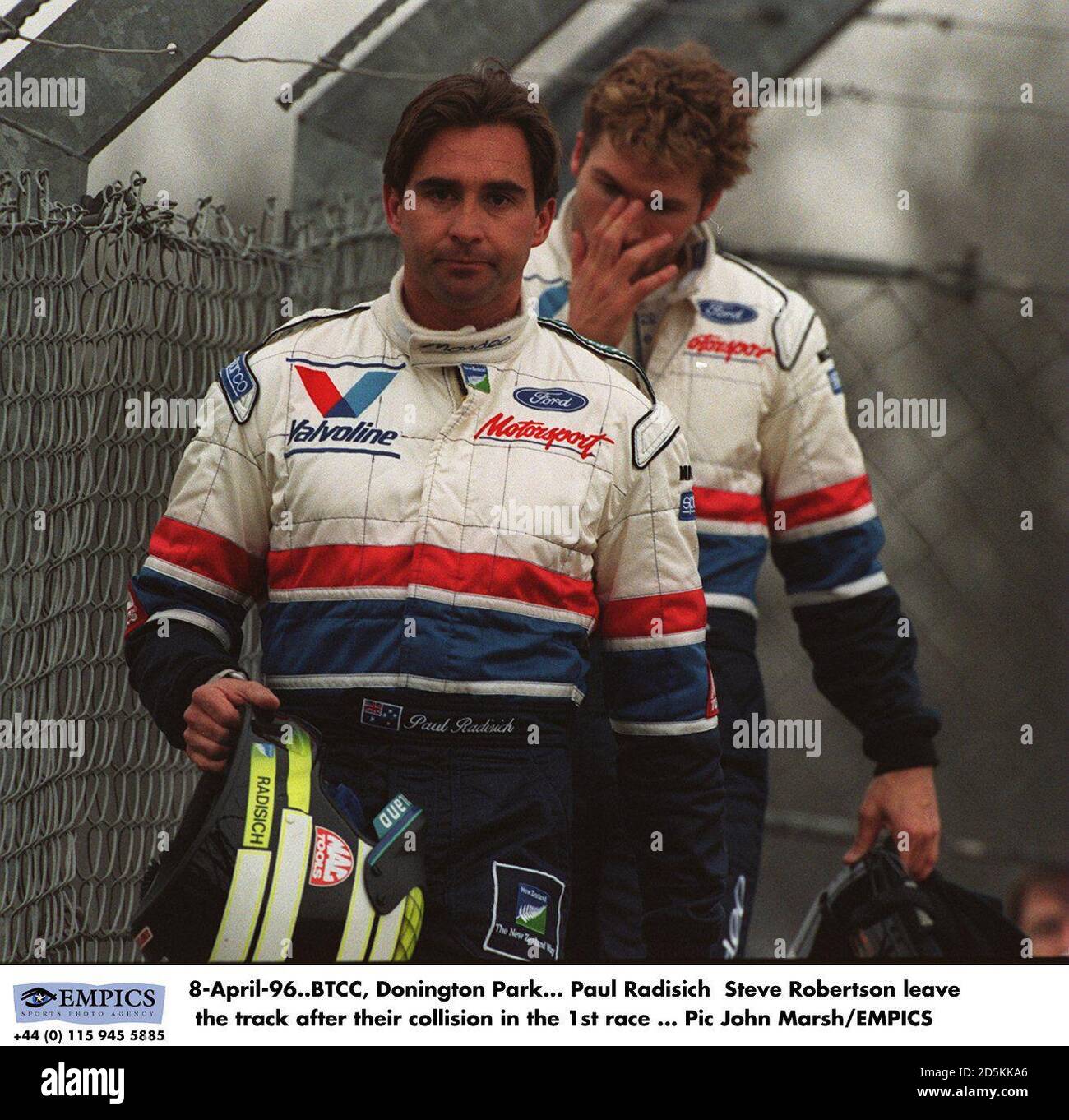 8-April-96. BTCC, Donington Park. Paul Radisich Steve Robertson leave ...