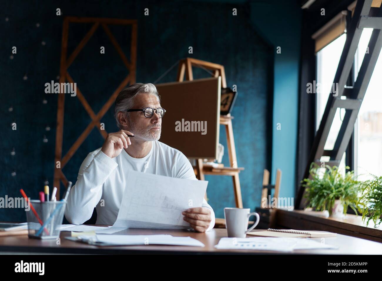 Casual Grey-haired Mature handsome architect looking at blueprint with ...