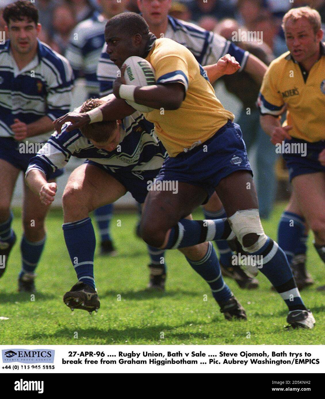 27-APR-96 .... Rugby Union, Bath v Sale .... Steve Ojomoh, Bath trys to ...