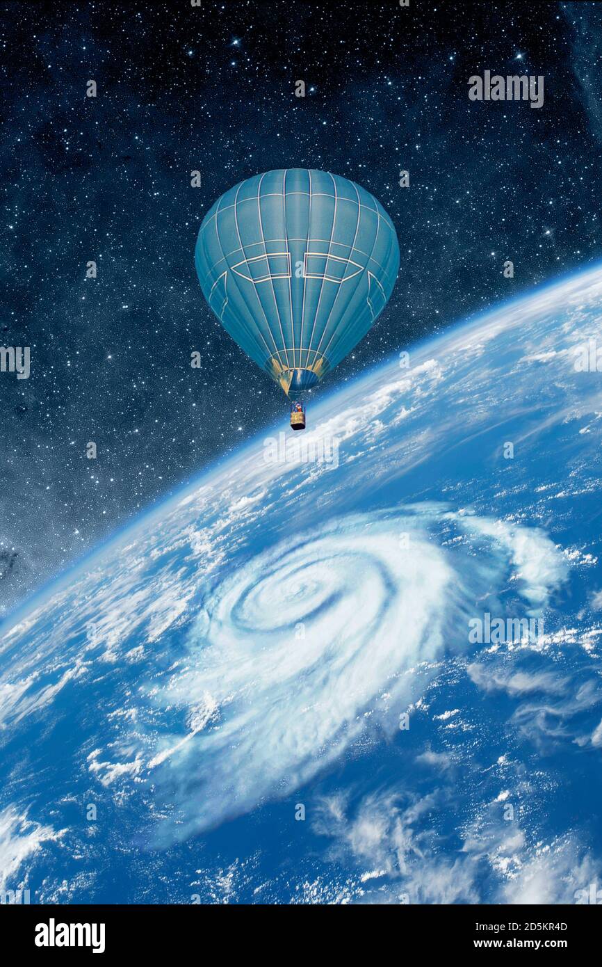 High flying hot air balloon escaping Earth and cyclone aiming high ...