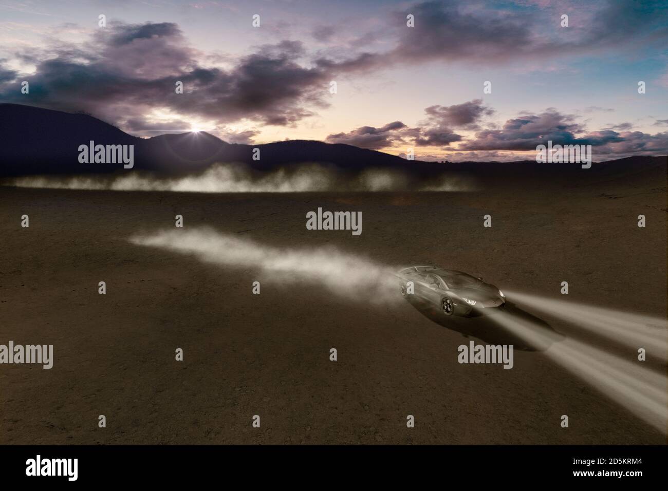 Lamborghini Aventador luxury car driving in desert at dusk with dust ...
