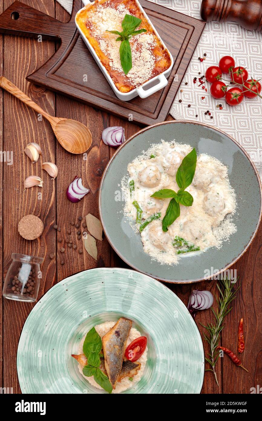 Top view of a cooked served dishes of restaurant's menu Stock Photo - Alamy