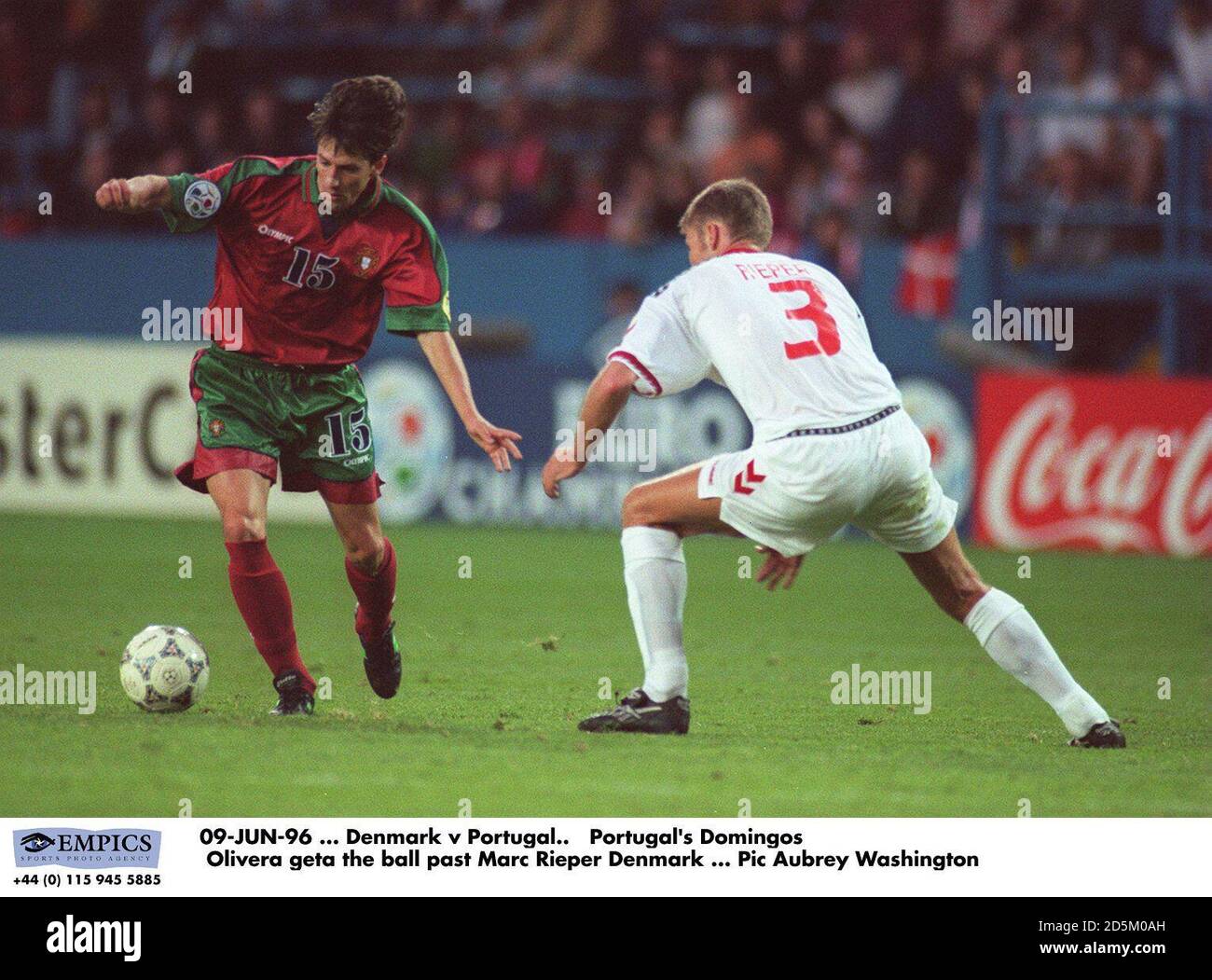 09-JUN-96 ... Denmark v Portugal. Portugal's Domingos Olivera geta the ...