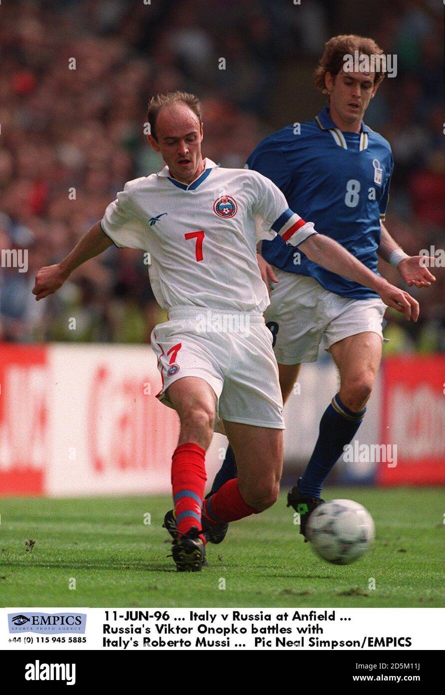 11-JUN-96 ... Italy v Russia at Anfield ... Russia's Viktor Onopko ...