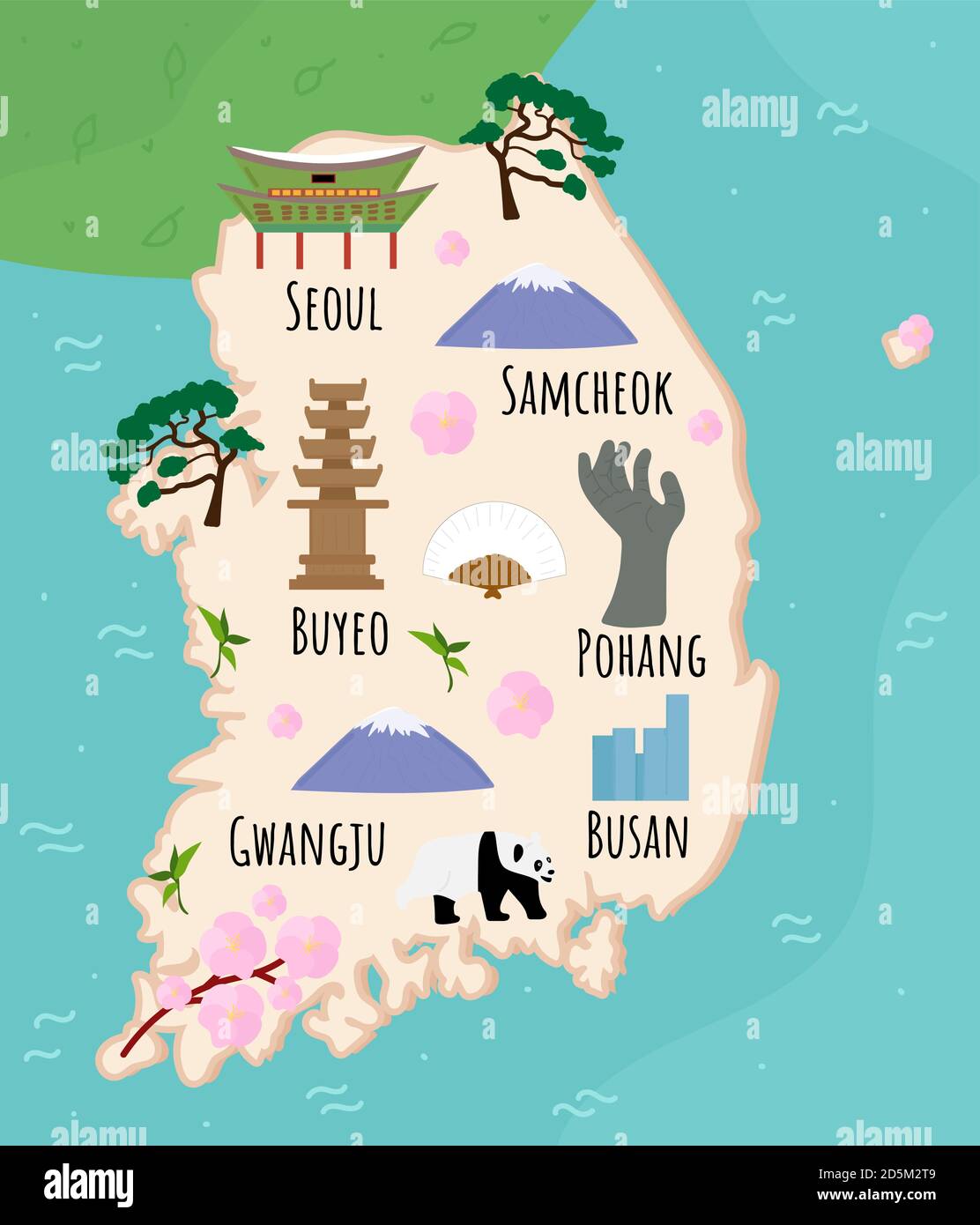 Cartoon map of Republic of Korea. Travel illustration with landmarks ...