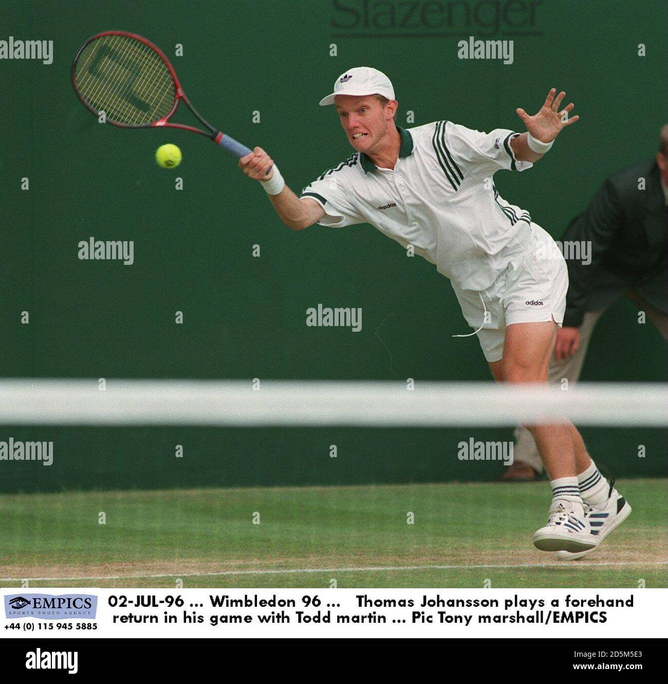 02-JUL-96 ... Wimbledon 96 ... Thomas Johansson plays a forehand return ...