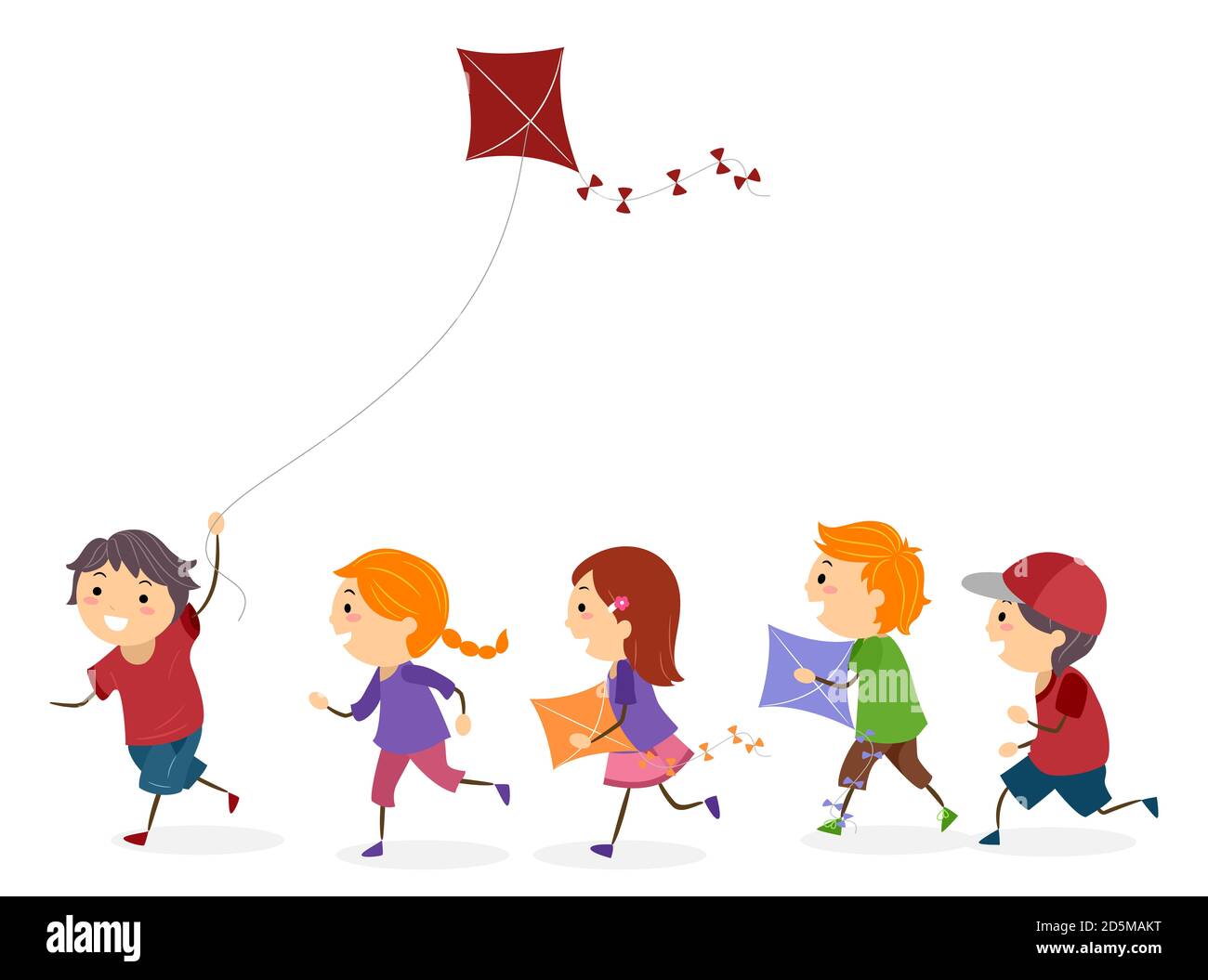 Illustration of Stickman Kids Playing and Flying Kite Stock Photo - Alamy