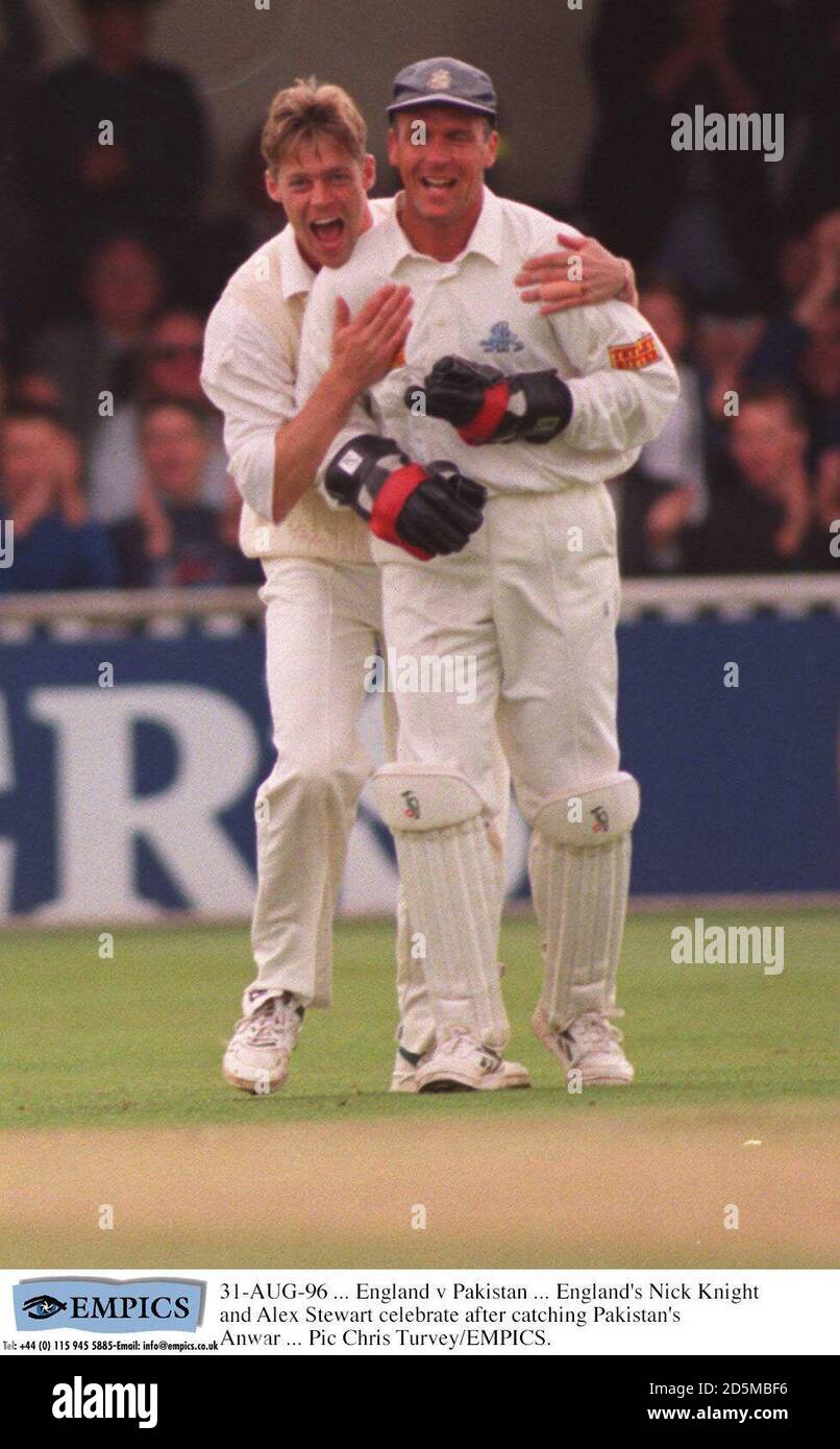 England's Nick Knight and Alec Stewart celebrate after catching ...