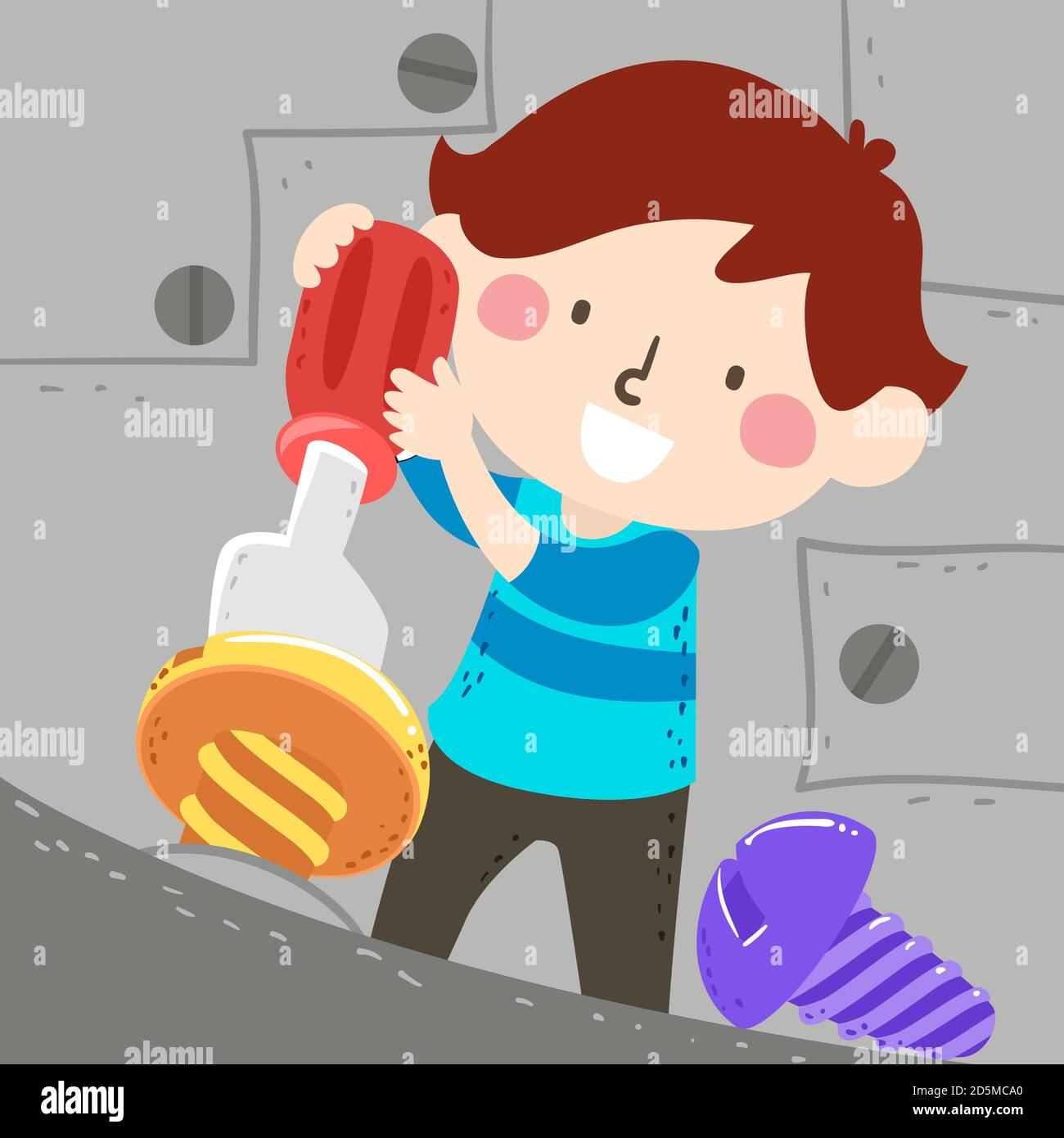 Illustration of a Kid Boy Holding a Screwdriver Screwing and Unscrewing ...
