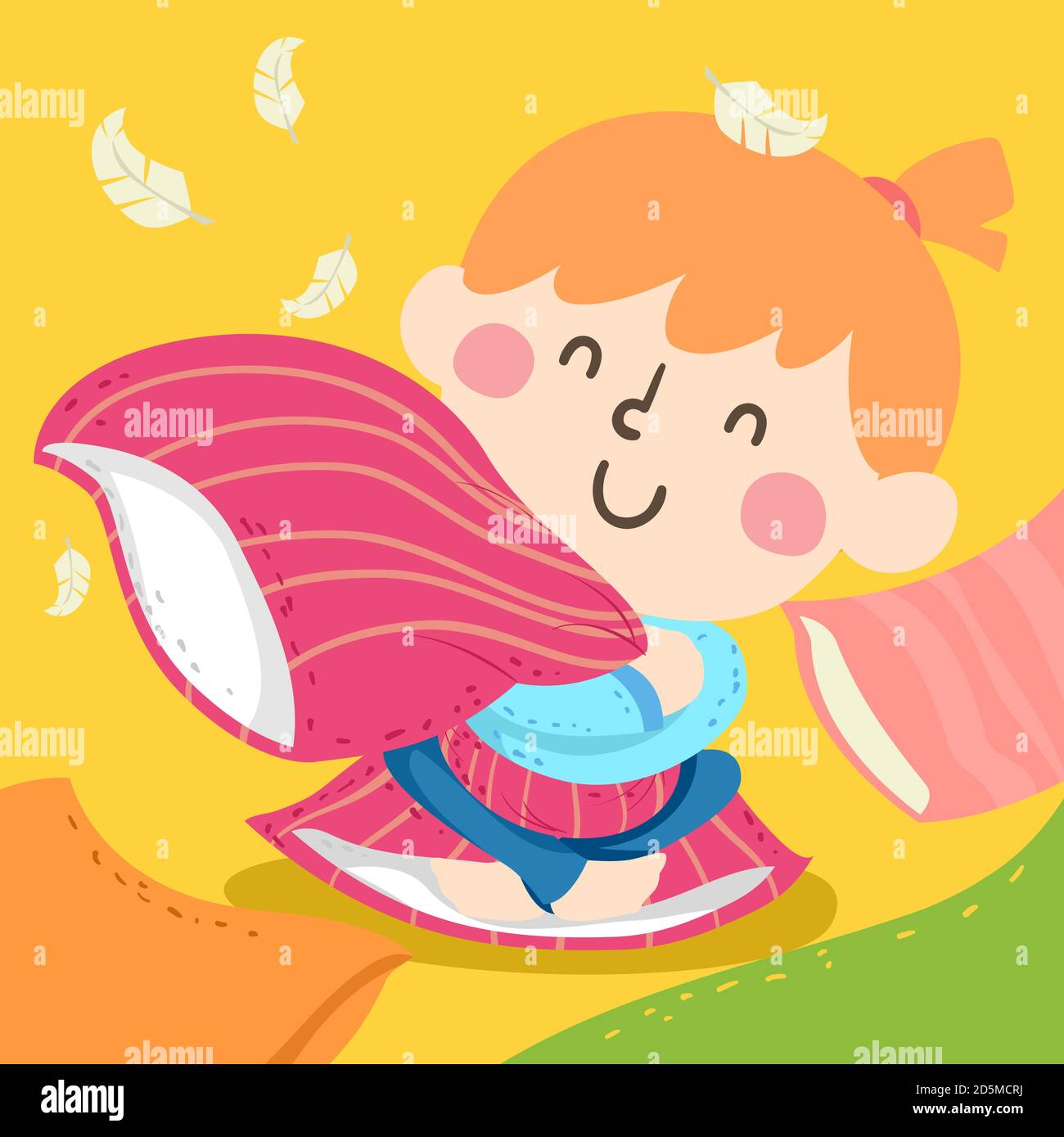 Illustration of a Kid Girl Squeezing a Pillow Hard with Feathers ...