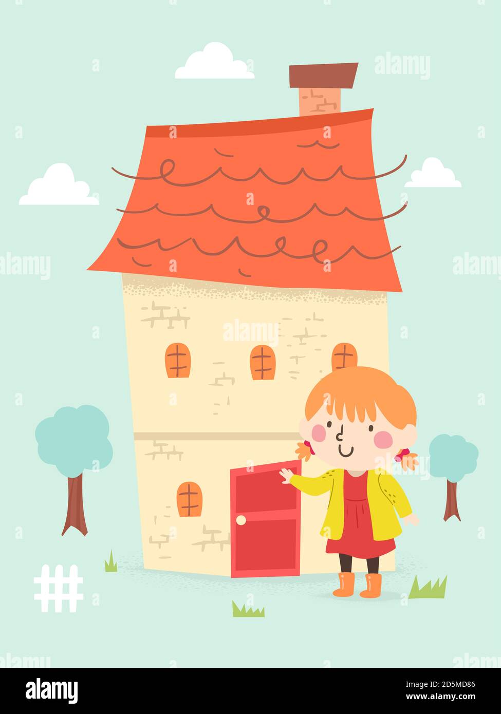 Illustration of a Kid Girl Showing Her House and Pointing to the Door ...