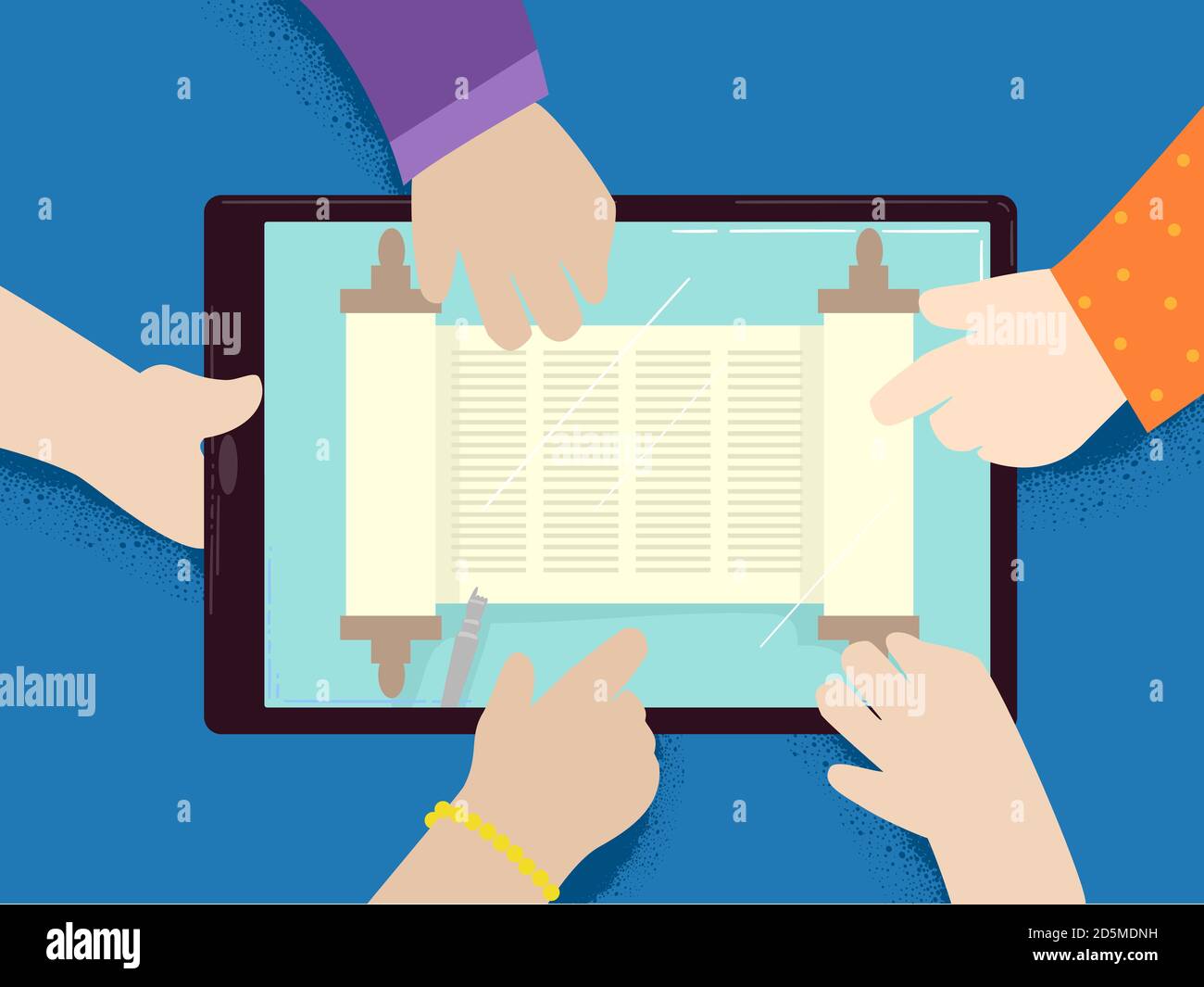 Illustration of Kids Hands Touching Torah Scroll inside Tablet or ...