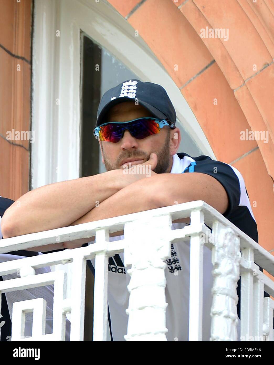 England's Matt Prior looks-on from the home team balcony following ...