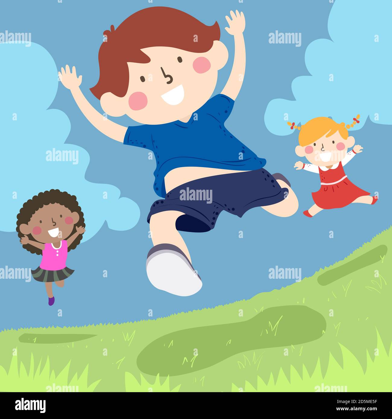 Illustration of Kids Jumping Outdoors in the Grass Fields Stock Photo ...