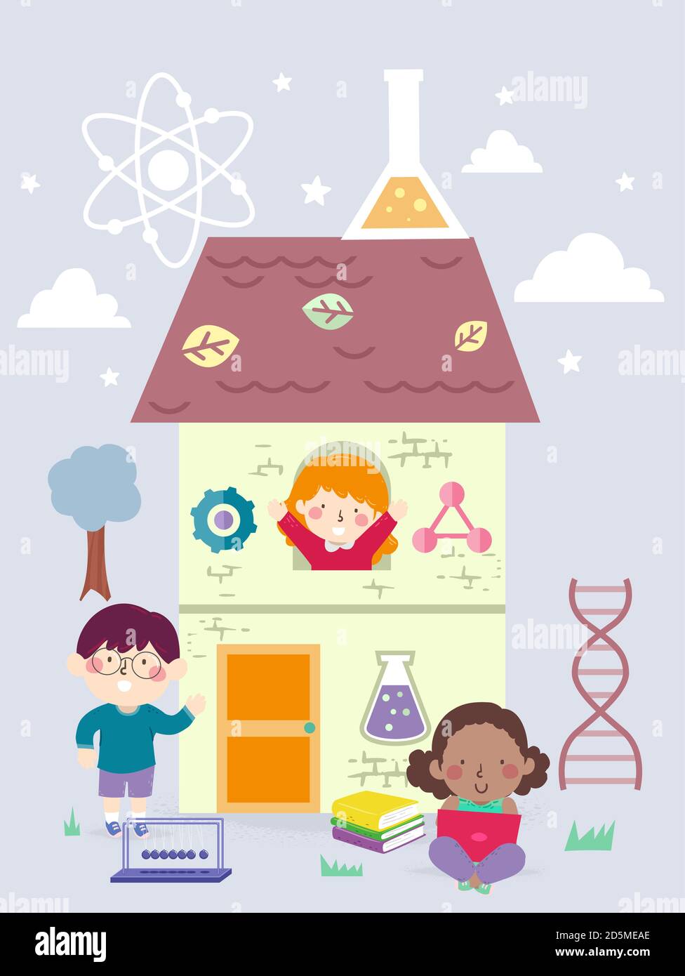 Illustration of Kids Inside a Science House with Flasks, Books and ...
