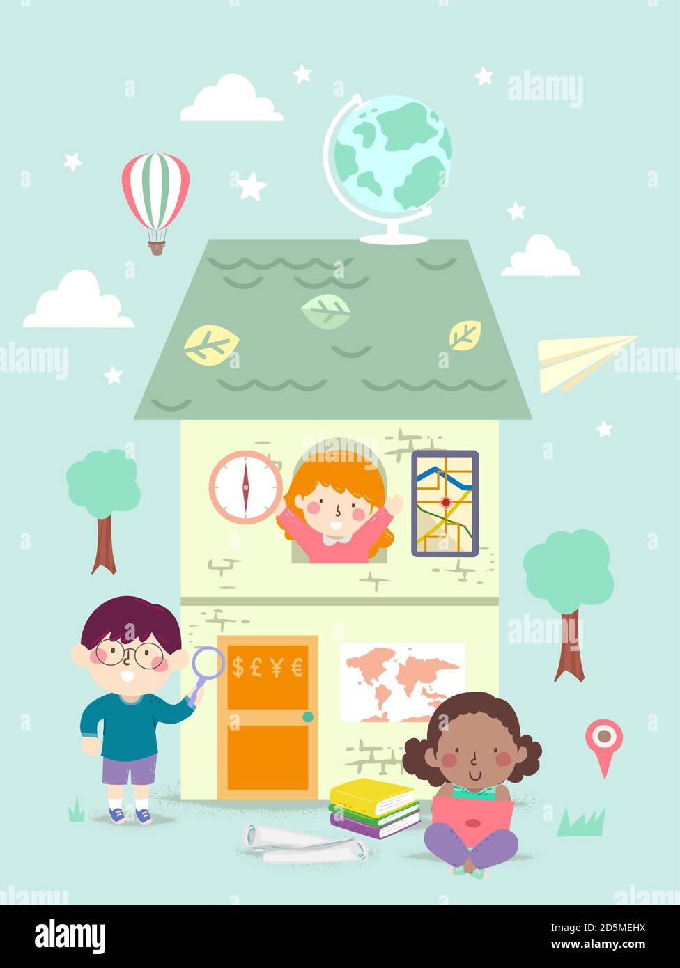 Illustration of Student Kids with Geography Elements and a House from ...