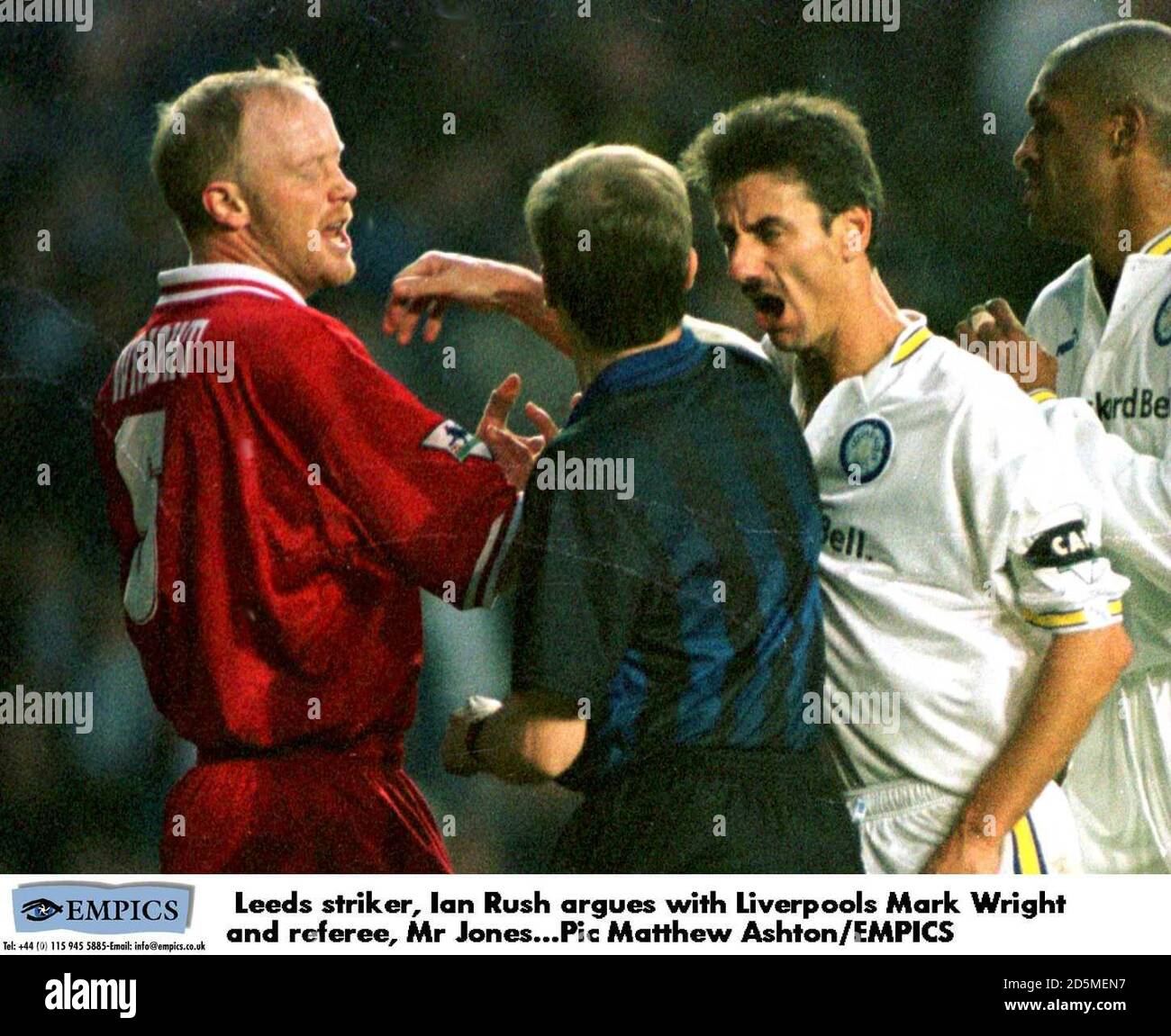 Leeds striker, Ian Rush argues with Liverpool's Mark Wright and referee ...