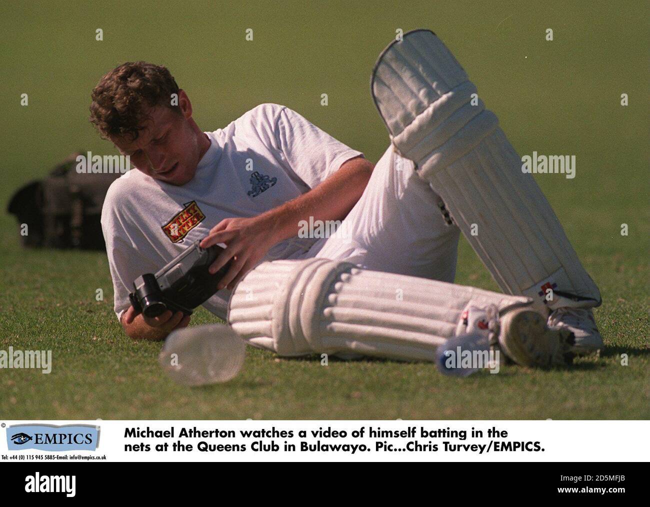 Michael Atherton watches a video of himself batting in the nets at the ...