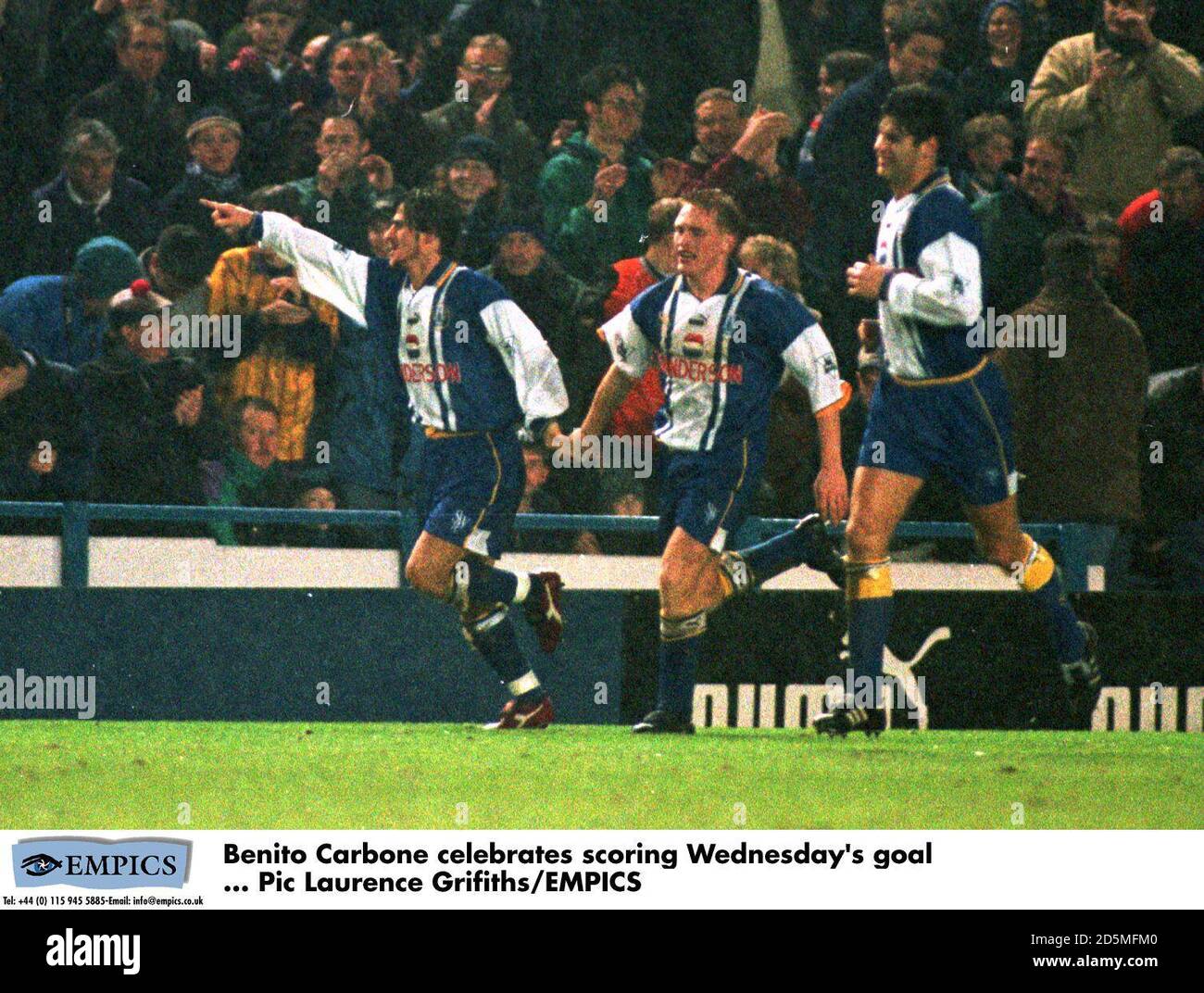 Benito Carbone celebrates scoring Sheffield Wednesday's goal Stock ...