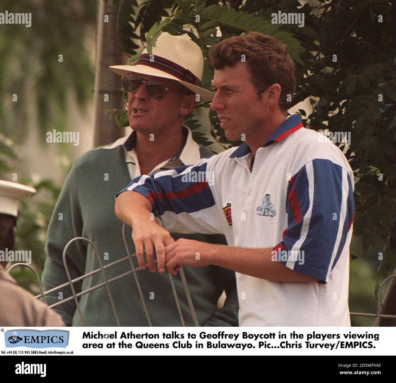 Michael Atherton talks to Geoffrey Boycott in the players viewing area ...