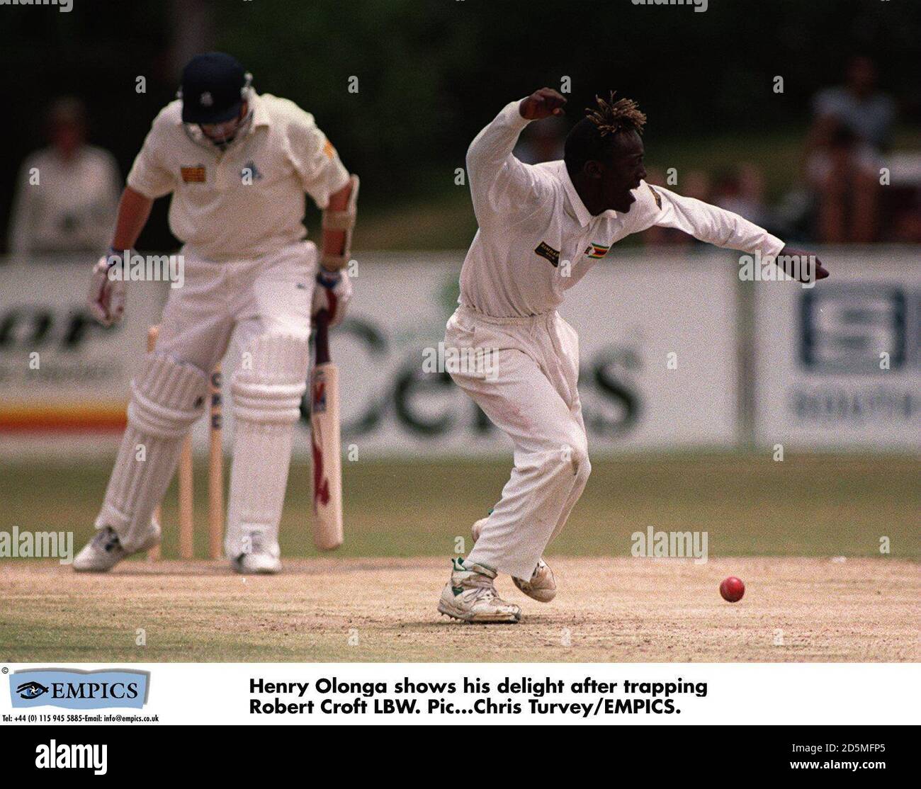 Henry Olonga shows his delight after trapping Robert Croft LBW Stock ...
