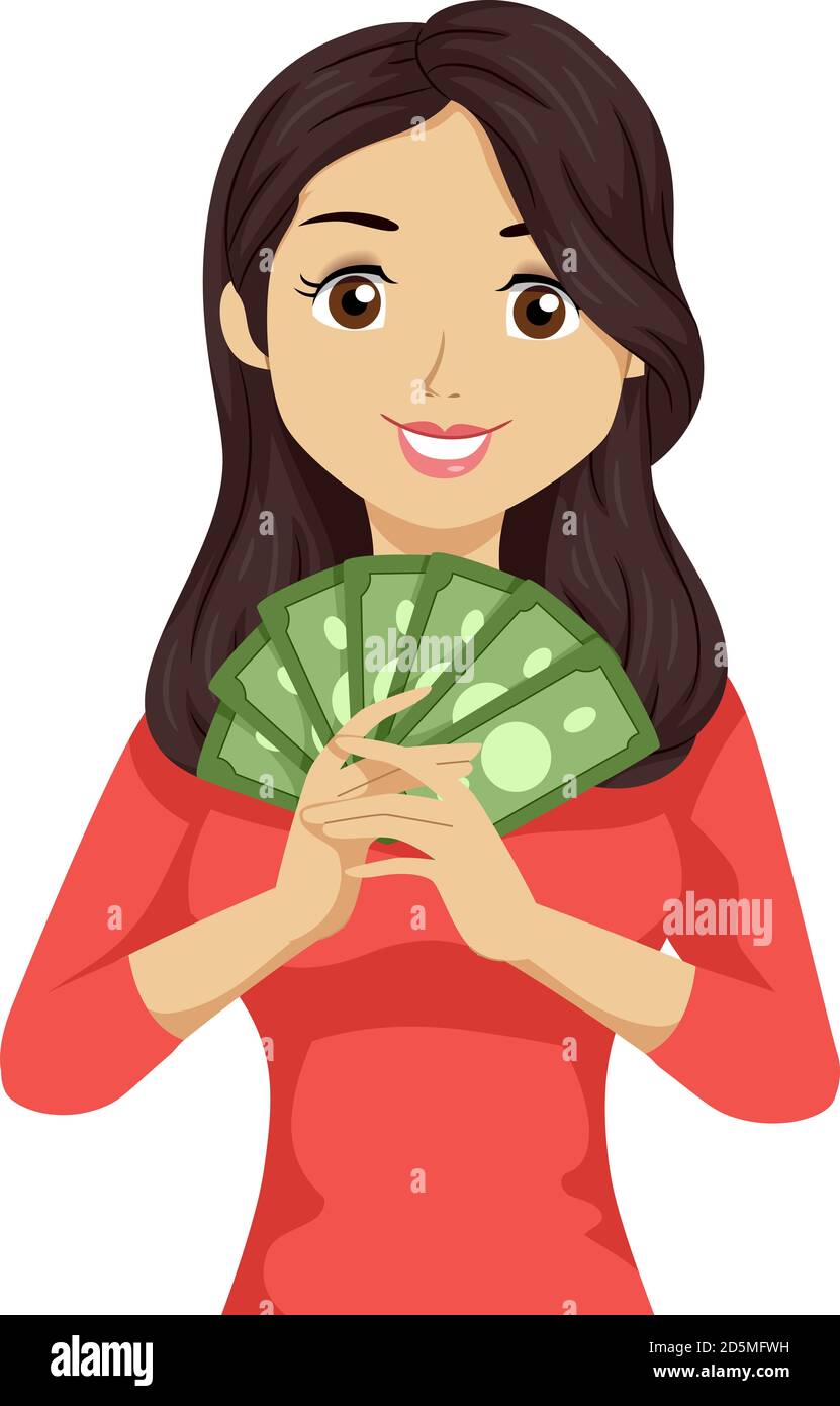 Illustration of a Teenage Girl Holding and Counting Money Earned from ...