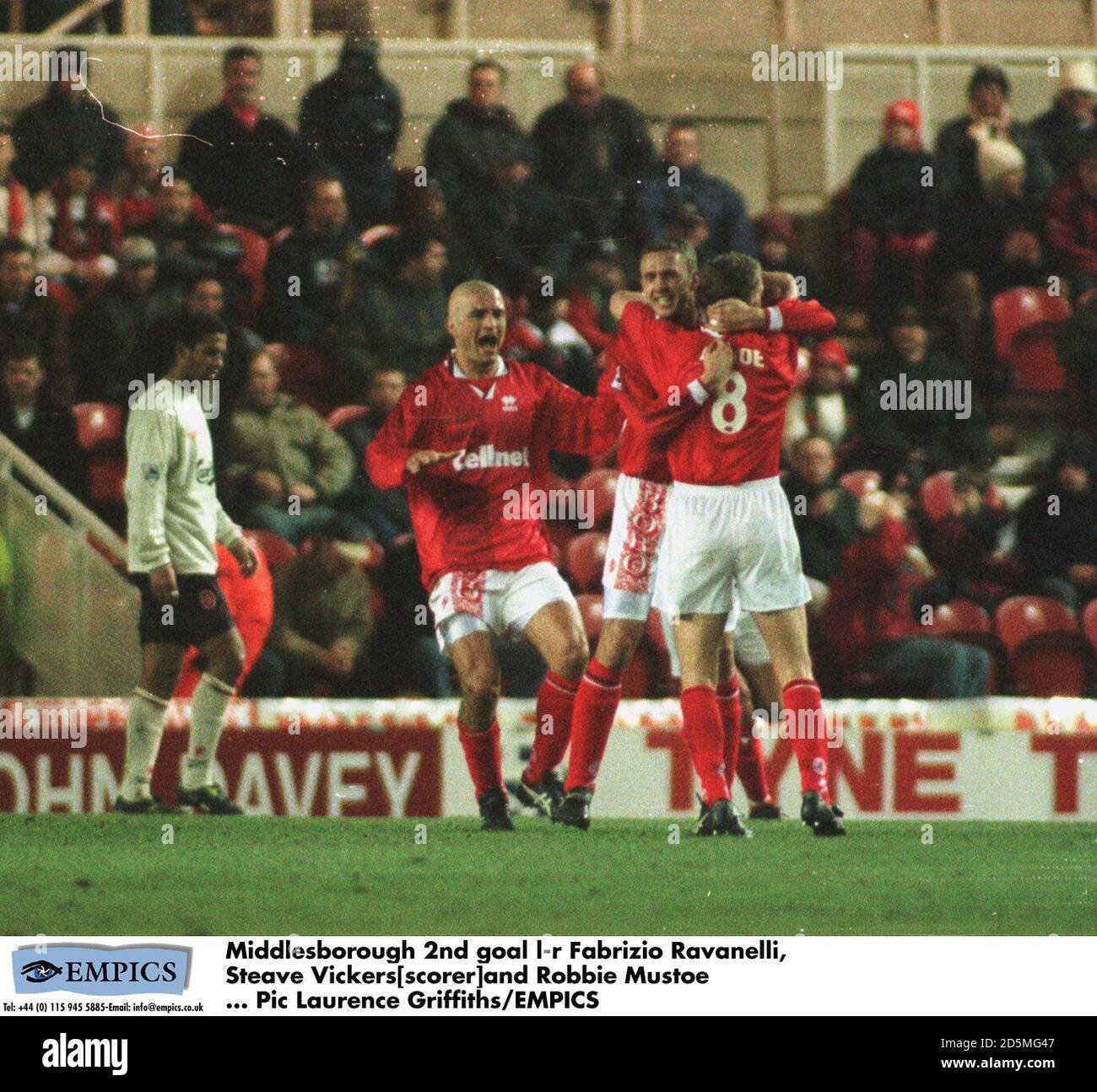 l-r; Fabrizio Ravanelli, Steve Vickers[scorer] and Robbie Mustoe Stock ...