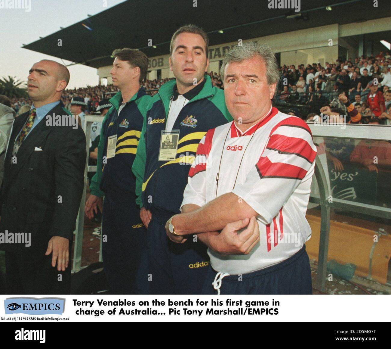 Terry Venables on the bench for his first game in charge of Australia ...