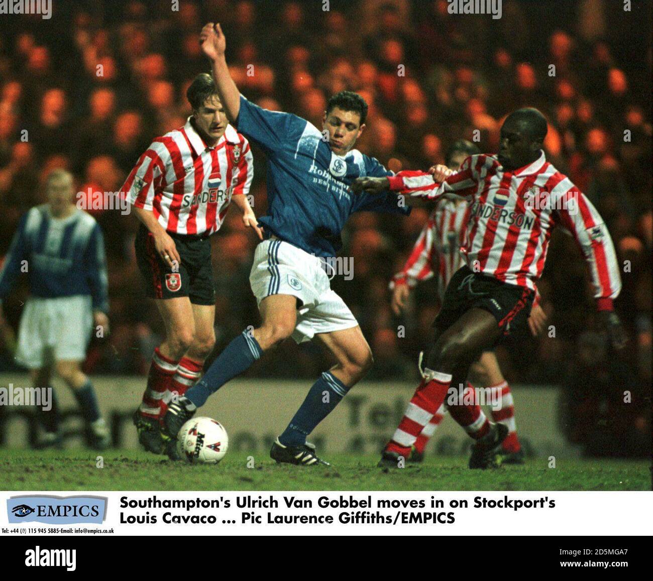 Southampton's Ulrich Van Gobbel moves in on Stockport County's Brett ...