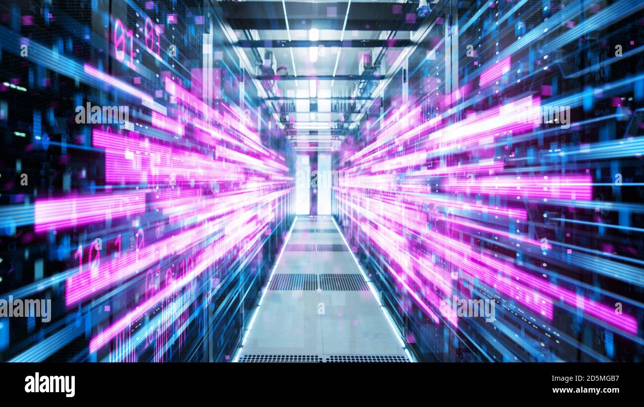 Shot of Corridor in Working Data Center Full of Rack Servers and ...