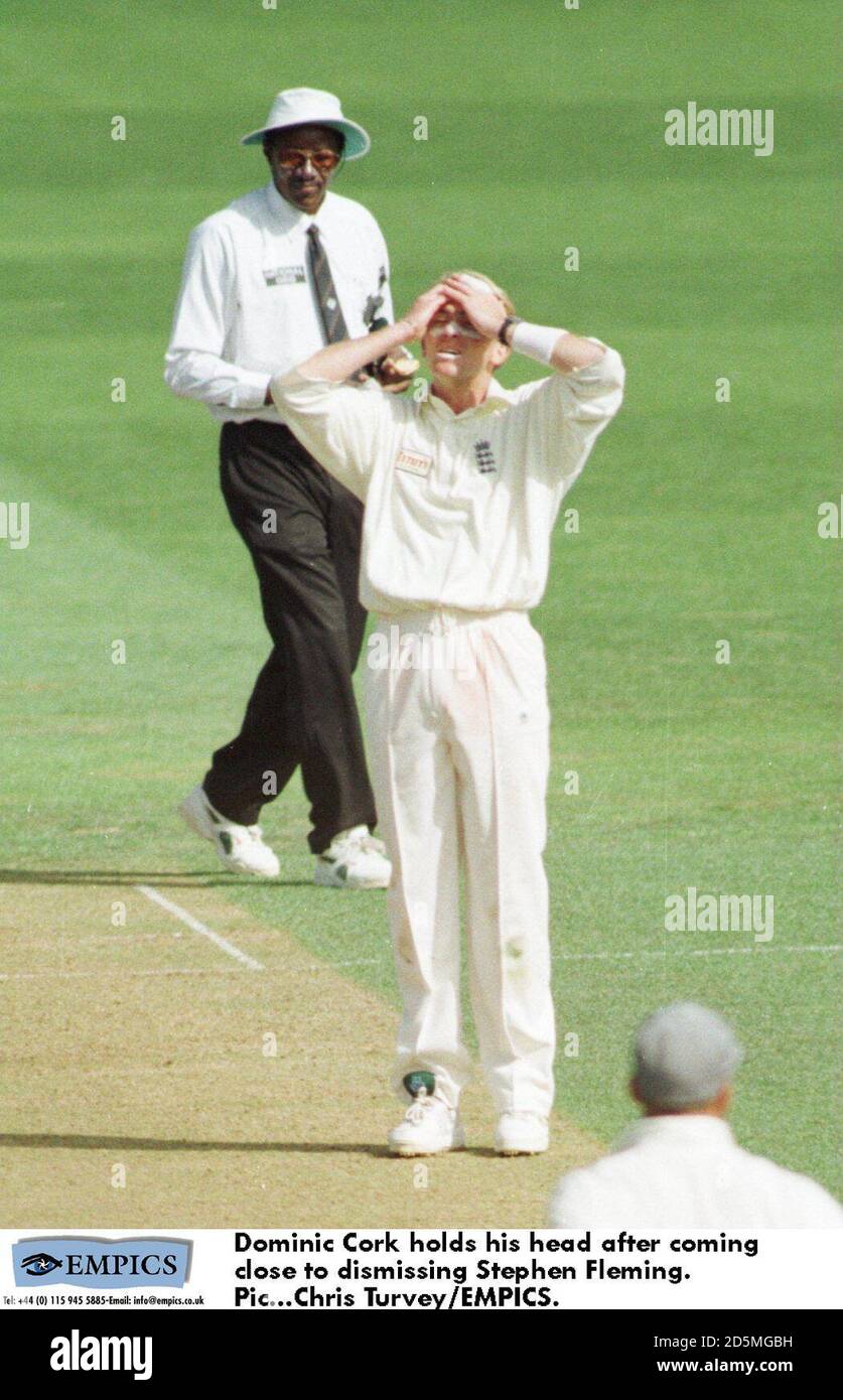 Dominic Cork holds his head after coming close to dismissing Stephen ...