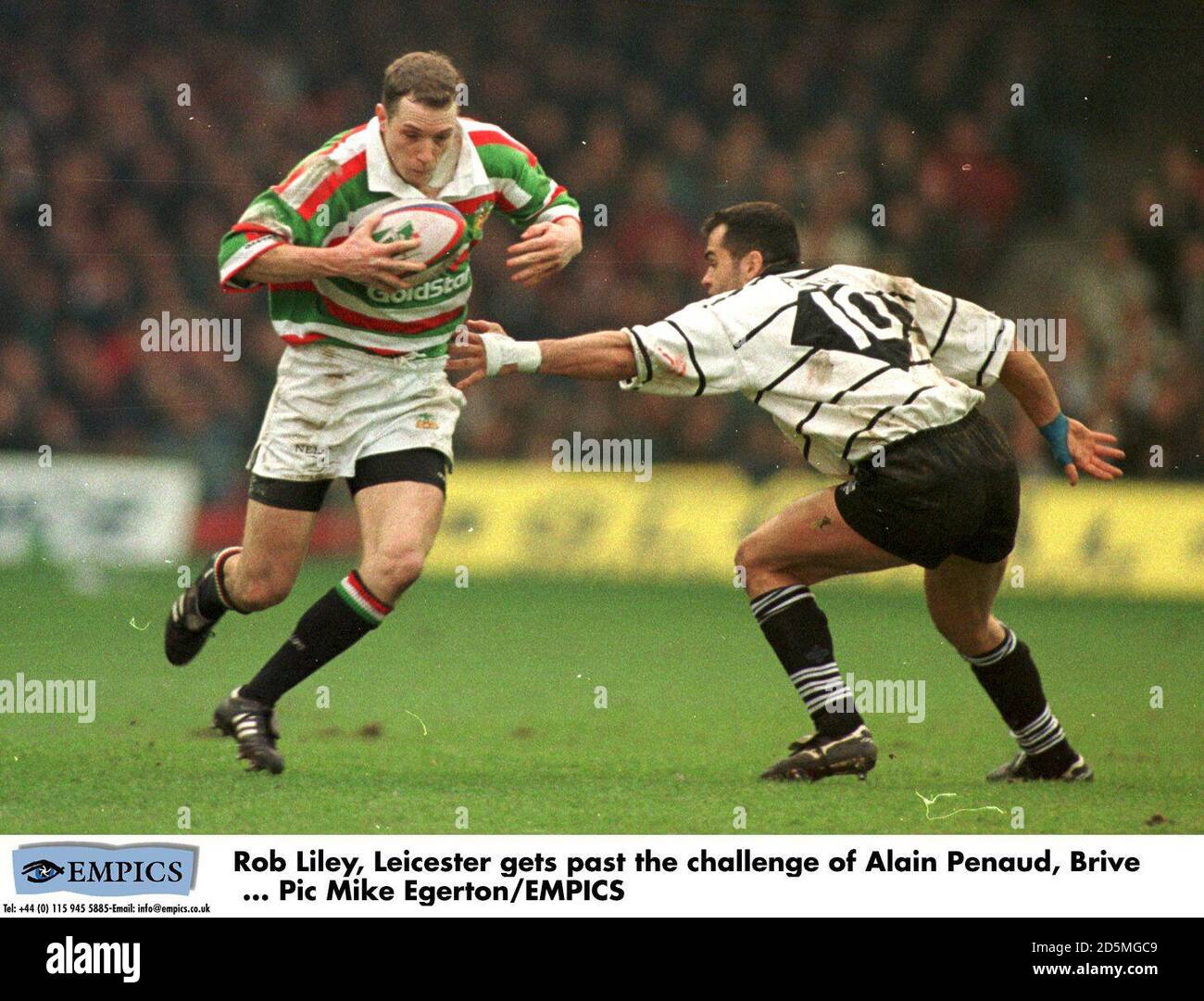 Rob Liley, Leicester gets past the challenge of Alain Penaud, Brive ...