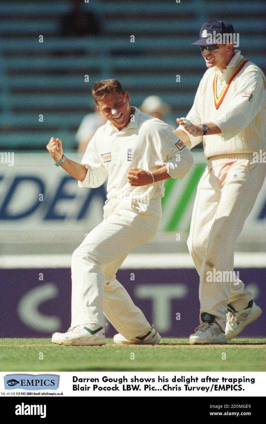 Darren Gough shows his delight after trapping Blair Pocock LBW Stock ...
