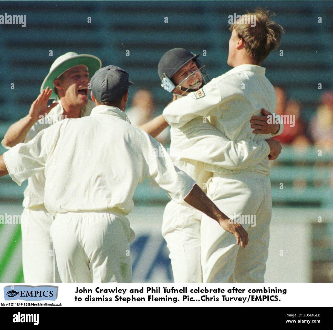 John Crawley and Phil Tufnell celebrate after combining to dismiss ...