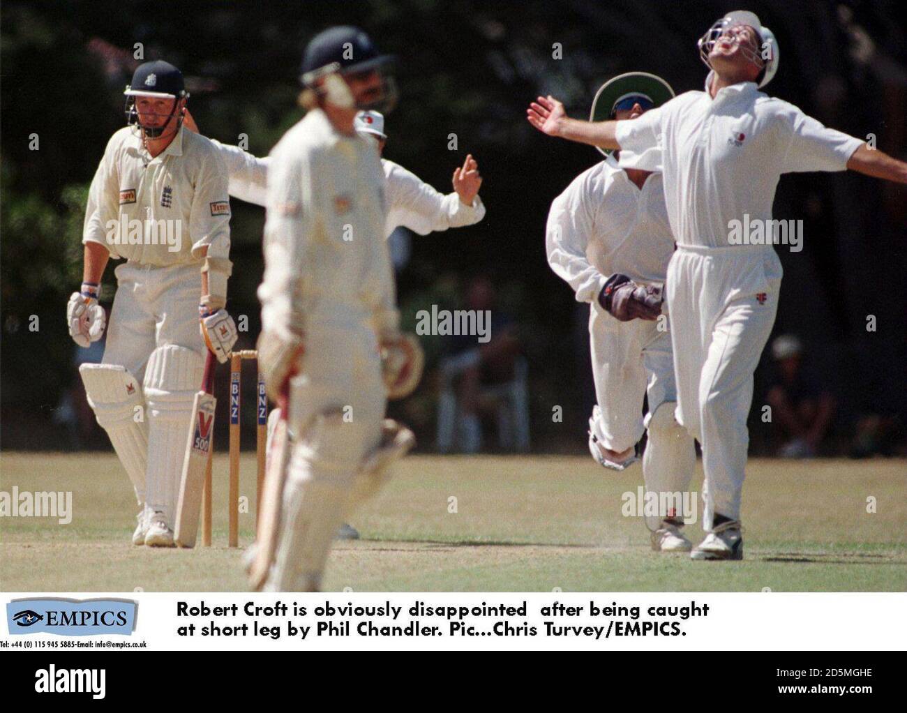 Robert Croft is obviously disappointed after being caught at short leg ...