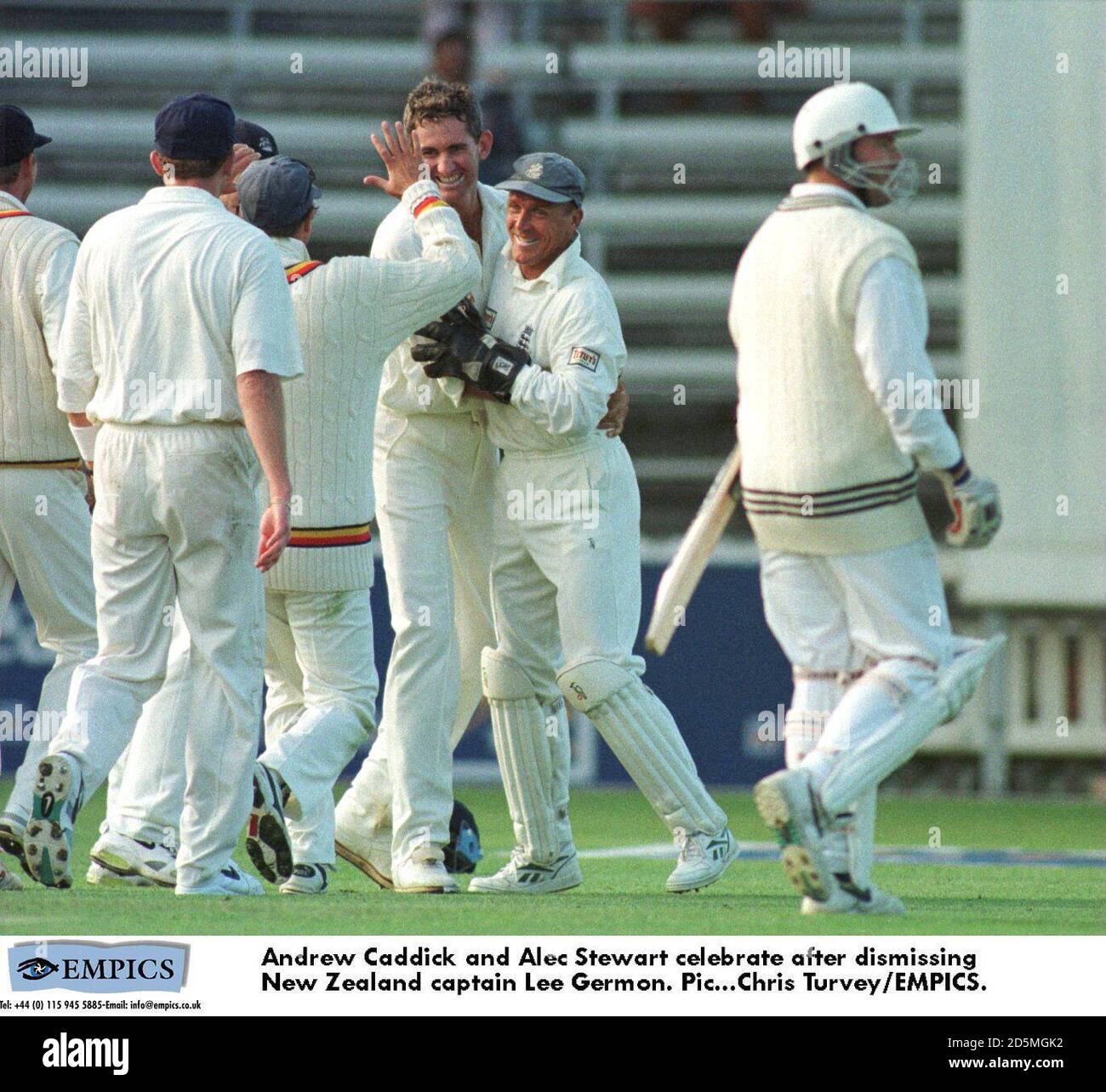 Andrew Caddick and Alec Stewart celebrate after dismissing New Zealand ...