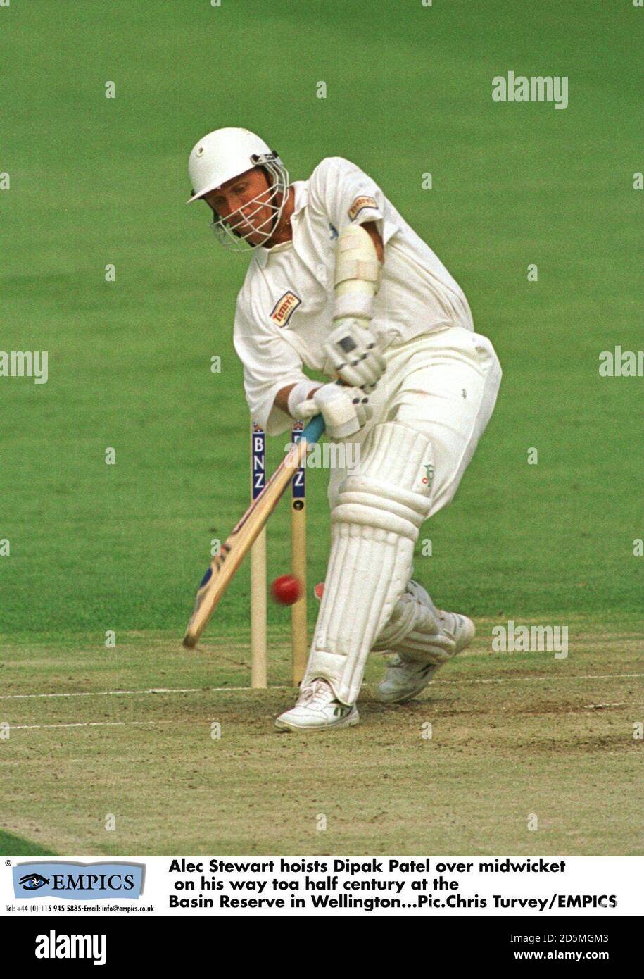 Alec Stewart hoists Dipak Patel over midwicket on his way to a half ...
