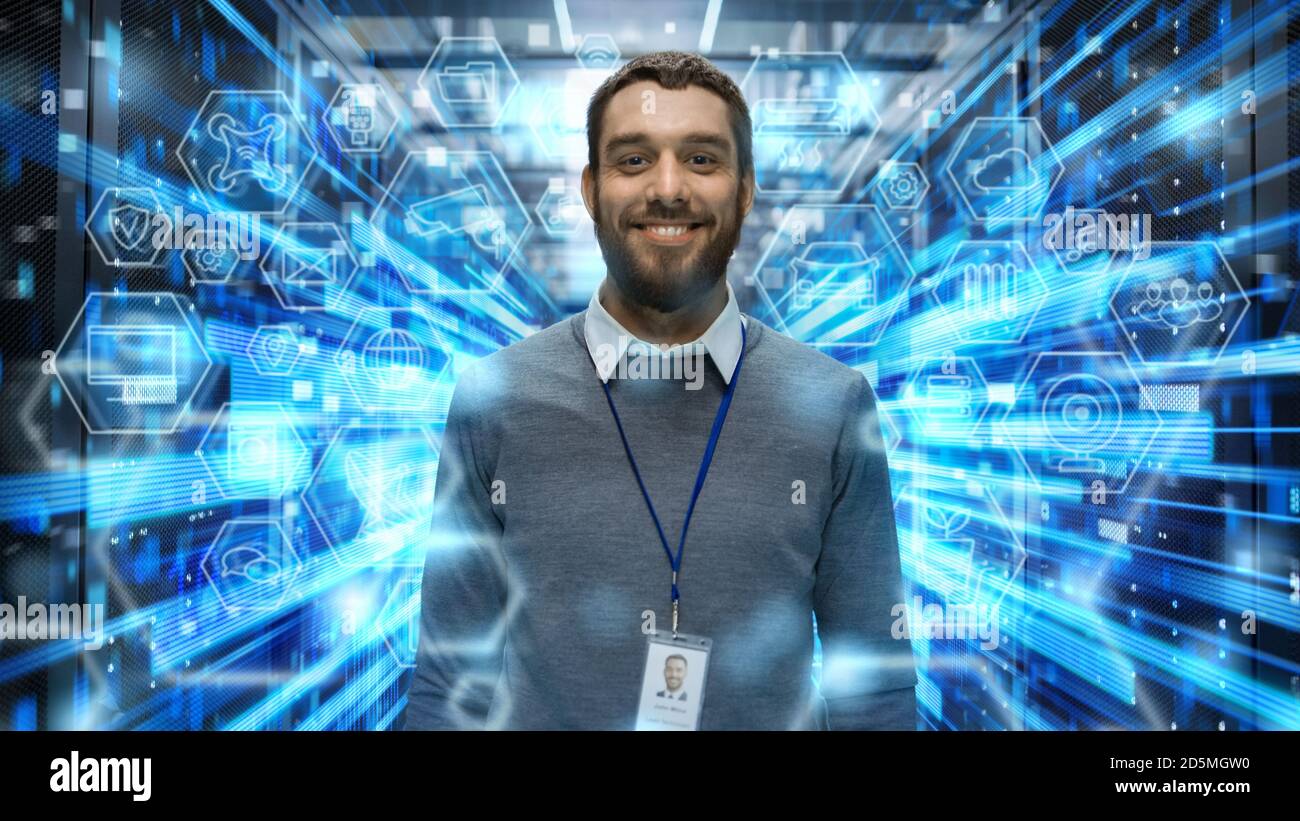 Shot of a Smiling IT Engineer Standing in the Middle of a Working Data ... Shot of a Smiling IT Engineer Standing in the Middle of a Working Data ...
