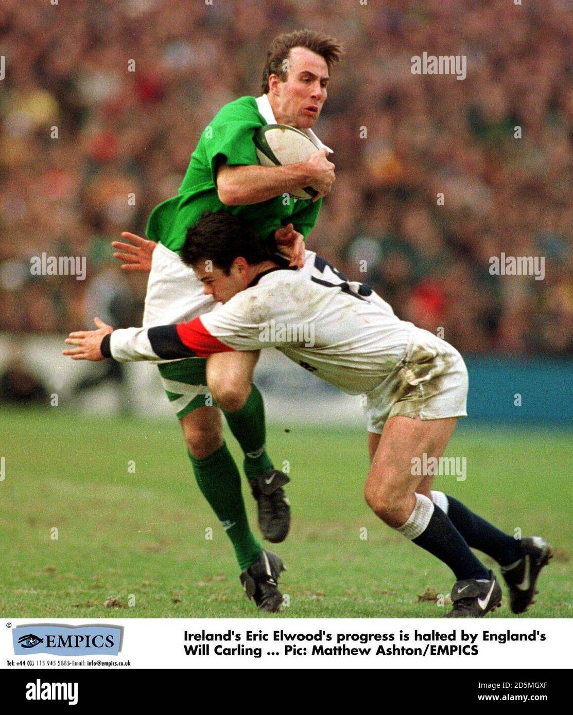 Ireland's Jim Staples' progress is halted by England's Will Carling ...