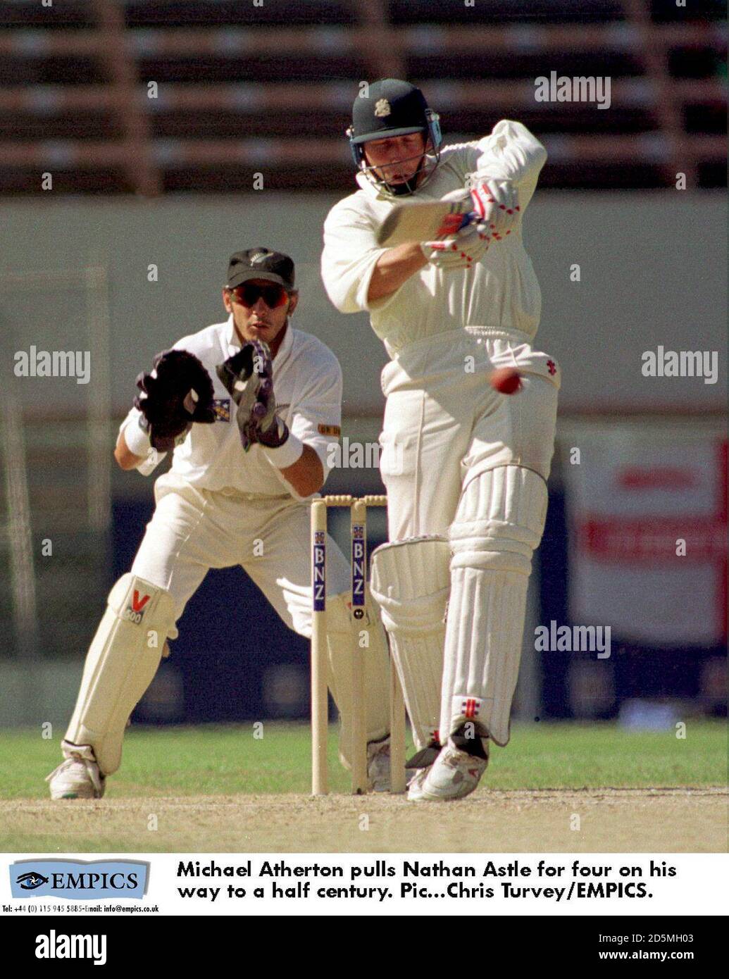 Michael Atherton pulls Nathan Astle for four on his way to a half ...