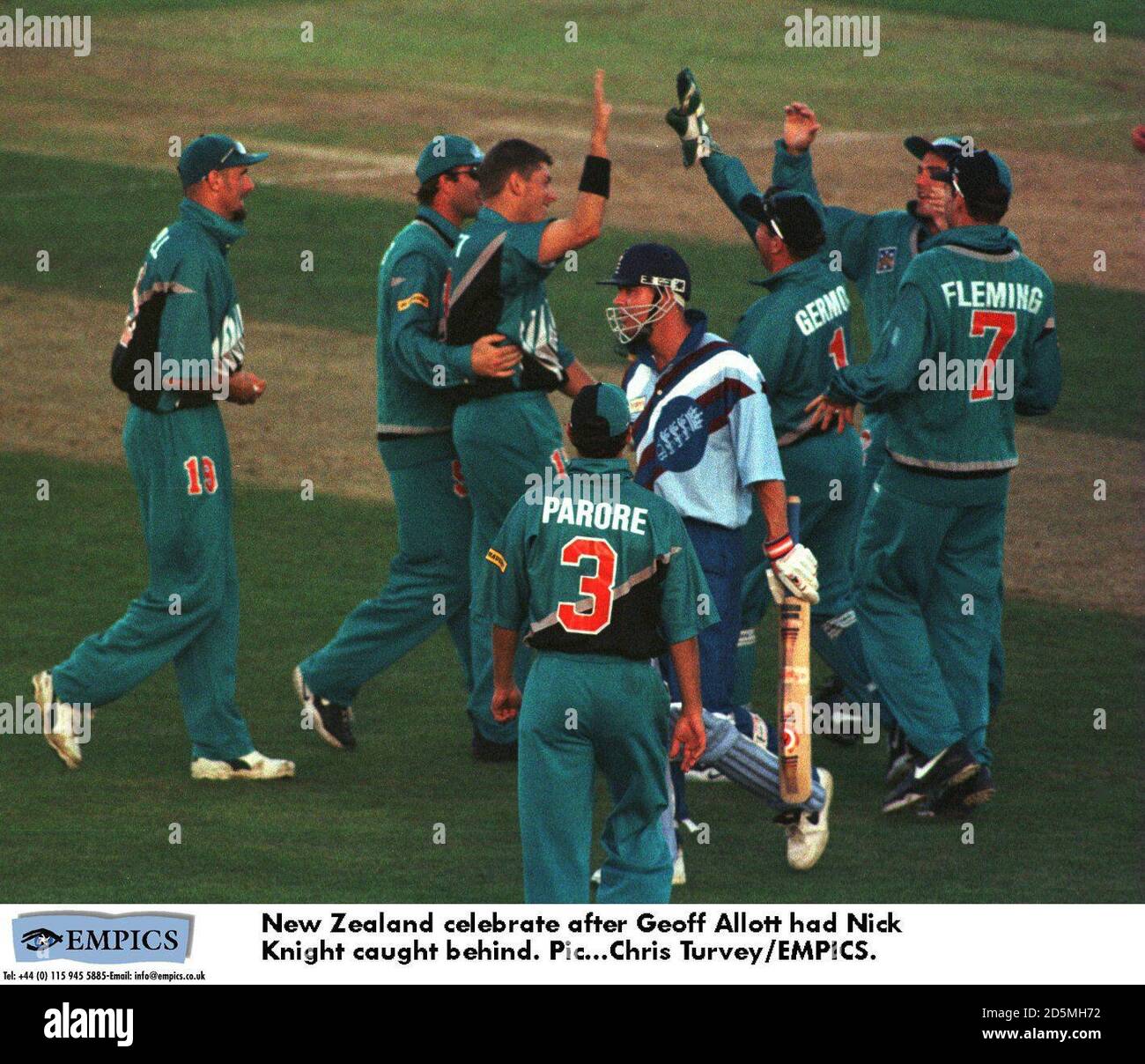 New Zealand celebrate after Geoff Allott had Nick Knight caught behind ...