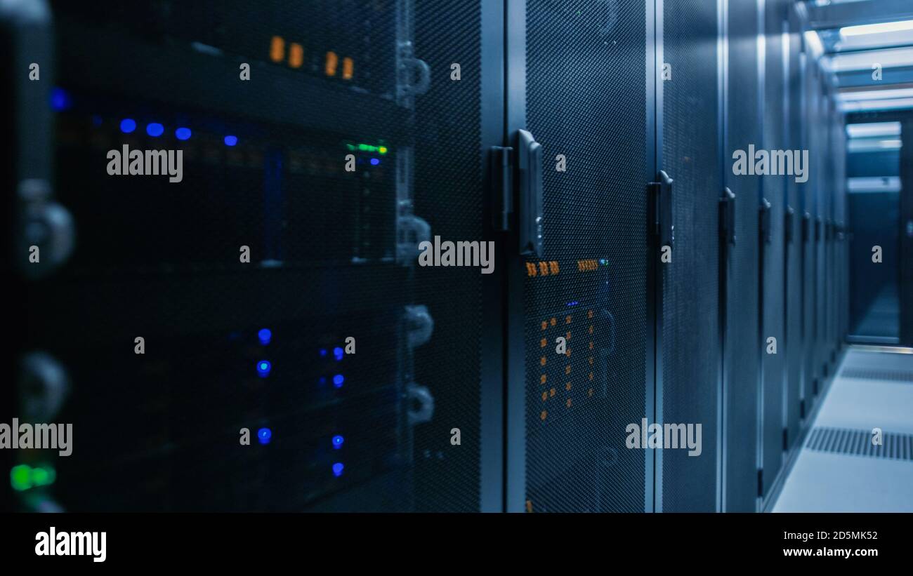 Close-up Shot of Data Center With Rows of Fully Operational Server ...