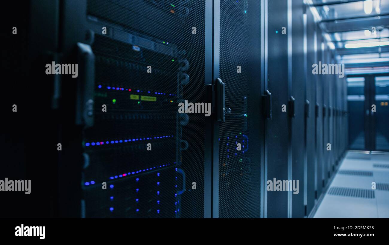 Close-up Shot of Data Center With Rows of Fully Operational Server ...