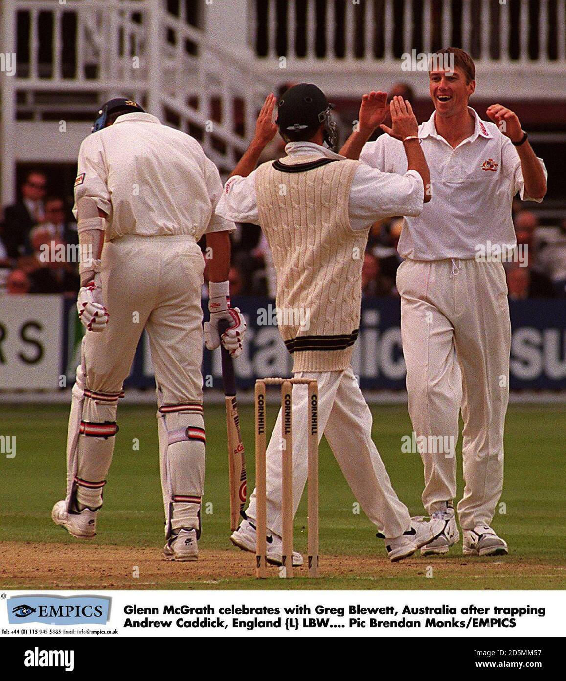 Glenn McGrath celebrates with Greg Blewett, Australia after trapping ...