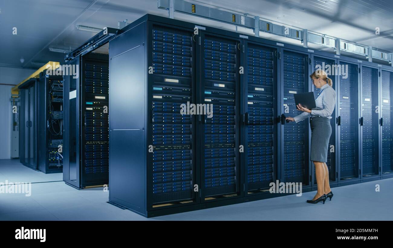 In Data Center: Female IT Technician Opens Rack Cabinet and Runs ...